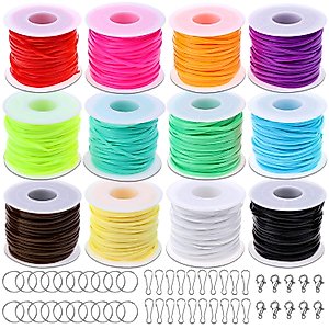 Lanyard String, Cridoz Gimp String Kit with 12 Rolls Plastic Lacing Cord, 20 Pcs Snap Clip Hooks, 20Pcs Key Chain Ring Clips, 10 Pcs Lobster Clasps for Crafts, Bracelet and Lanyards