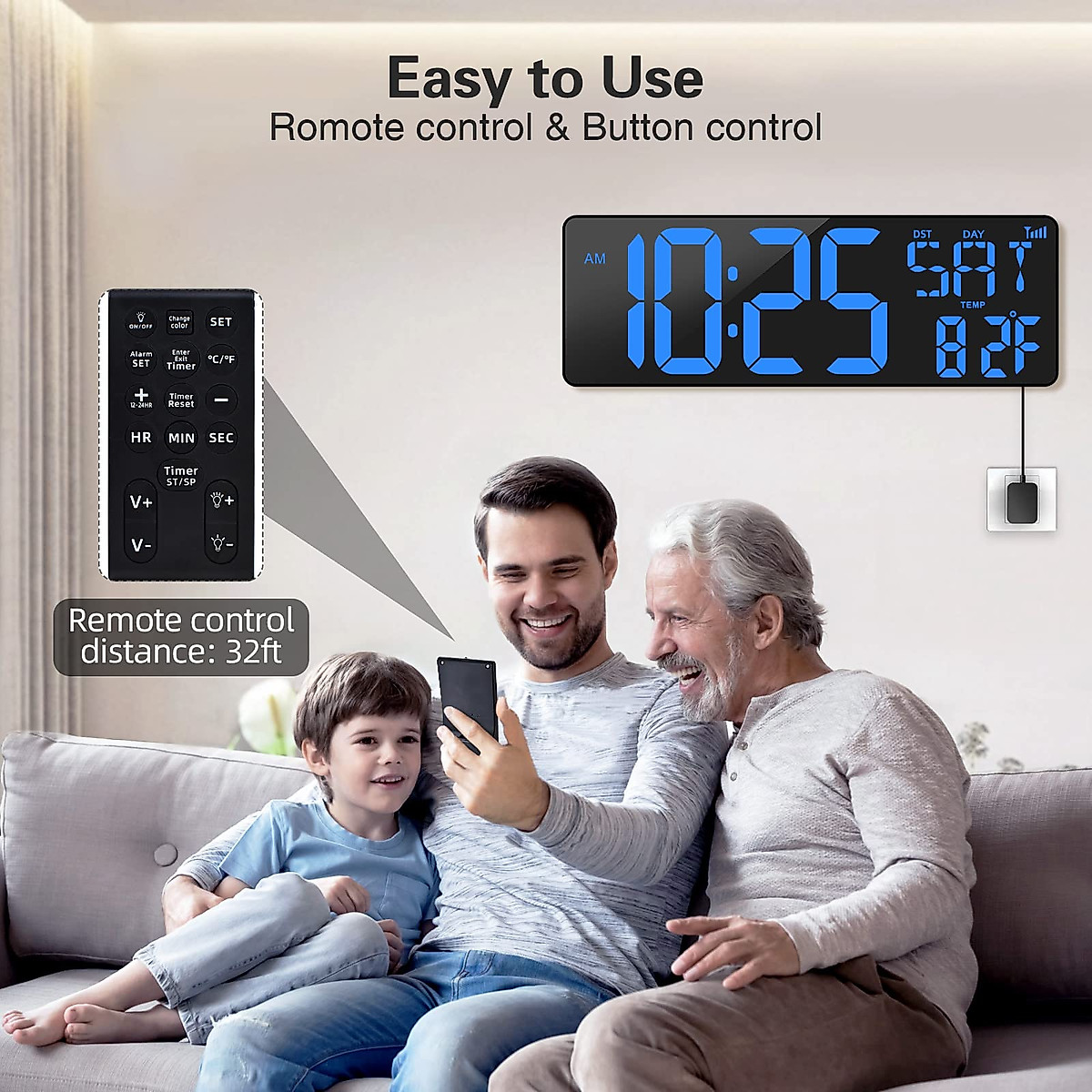XREXS Large Digital Wall Clock WiFi Sync, 16.5 in Large Display Wall Clock with Temperature/Date/Week, LED Big Digital Timer Clock with Remote Control, Alarm Clock for Home and Office, Auto-dimming