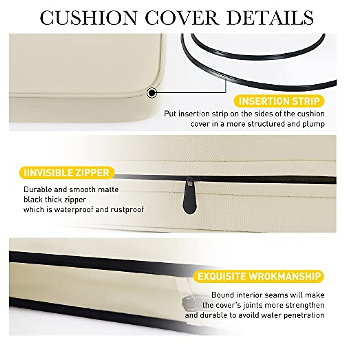 NICETOWN 2 Pack Outdoor Cushion Covers for Patio Furniture with Zipper, Waterproof Outdoor Cushion Slipcovers Fade Resistant with 4 Click-on Straps, Beige, 24 x 24 x 4 inch, Covers Only