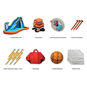 Inflatable Giant Water Slide - Huge Kids Pool (14 Feet Long by 8 Feet High) with Built in Sprinkler Wave and Basketball Hoop - Heavy Duty Outdoor Surf N Splash Adventure Park - Blower Included