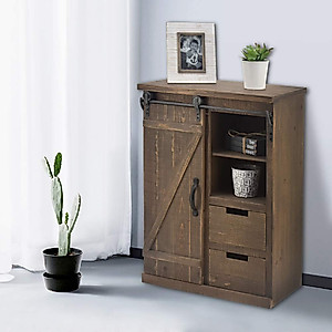 Bonnlo 32" H Rustic Solid Wood Storage Cabinet with Sliding Barn Doors Hardware and 2 Drawers, Farmhouse Buffet Entryway End Table Console Cabinet Vintage Furniture (No Need Assembly)