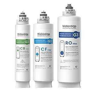 Waterdrop G3 Replacement Filter, Replacement for 𝐖𝐃-𝐆𝟑-𝐖 𝟒𝟎𝟎𝐆𝐏𝐃 Reverse Osmosis System, Pack of 1 WD-G3-CF Filter, 1 WD-G3-CB Filter, and 1 WD-G3-N2RO Filter