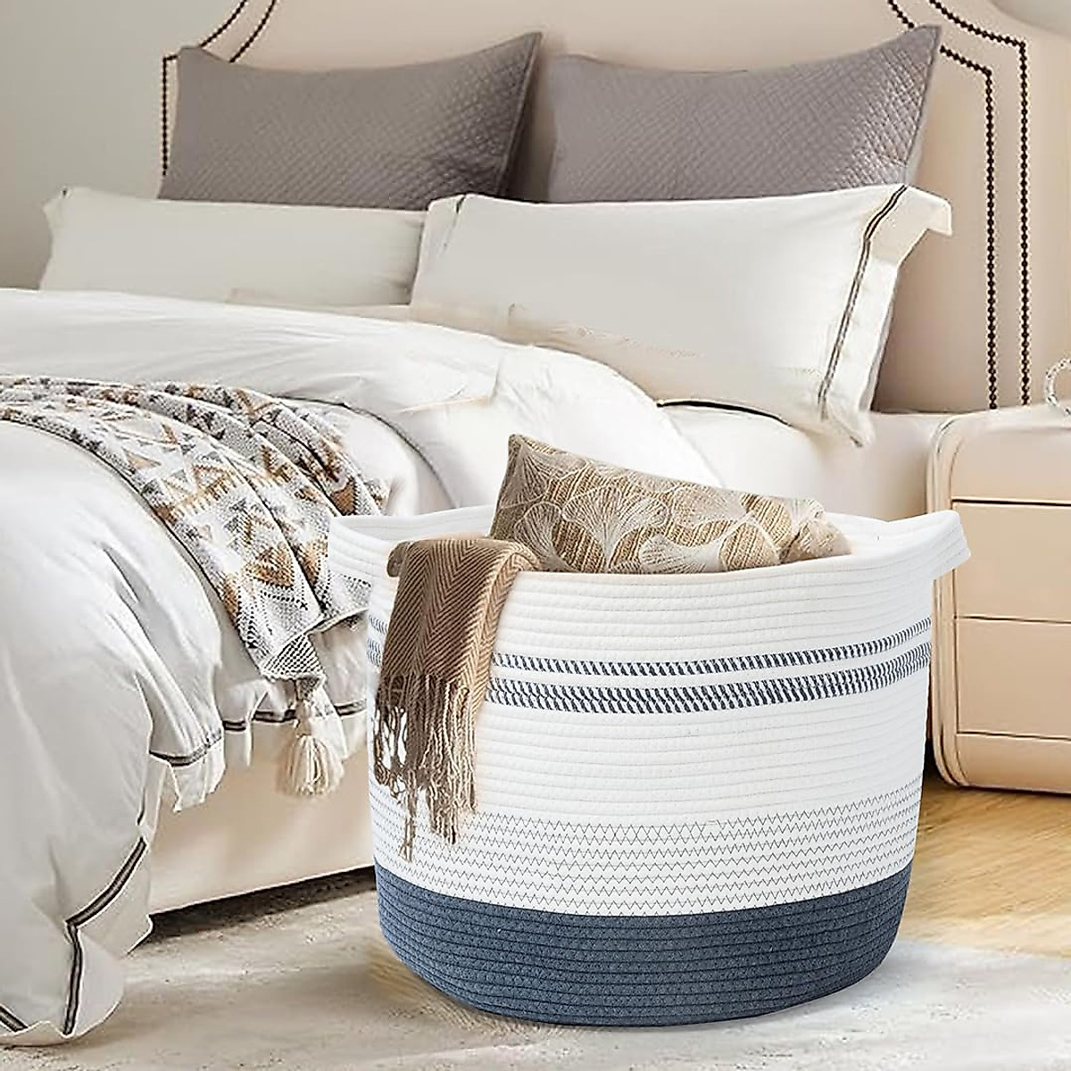 Homify Blanket Basket 100% Cotton Rope Woven Baskets for Storage 22"x14" 90L XXX-Large Laundry Basket with Soft Handle Rope Basket for Living Room, Toy, Pillow & Clothes - Gray & White