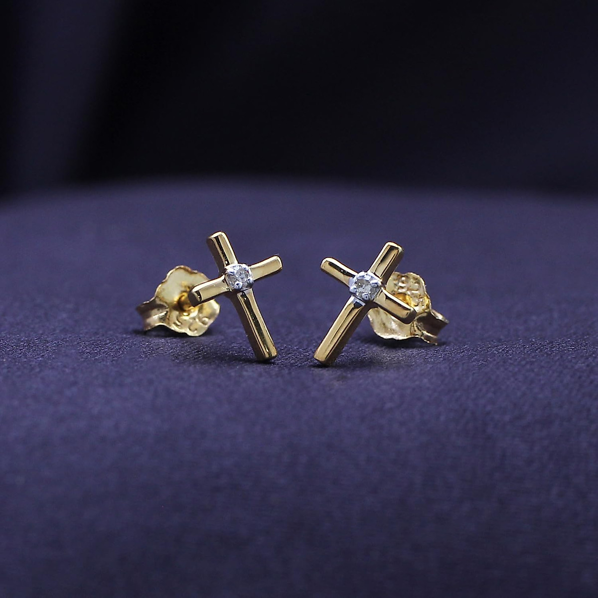 Round Natural White Diamond Cross Stud Earrings For Women's In 14K Yellow Gold Over Sterling Silver, Push Back Earrings Gift For Her