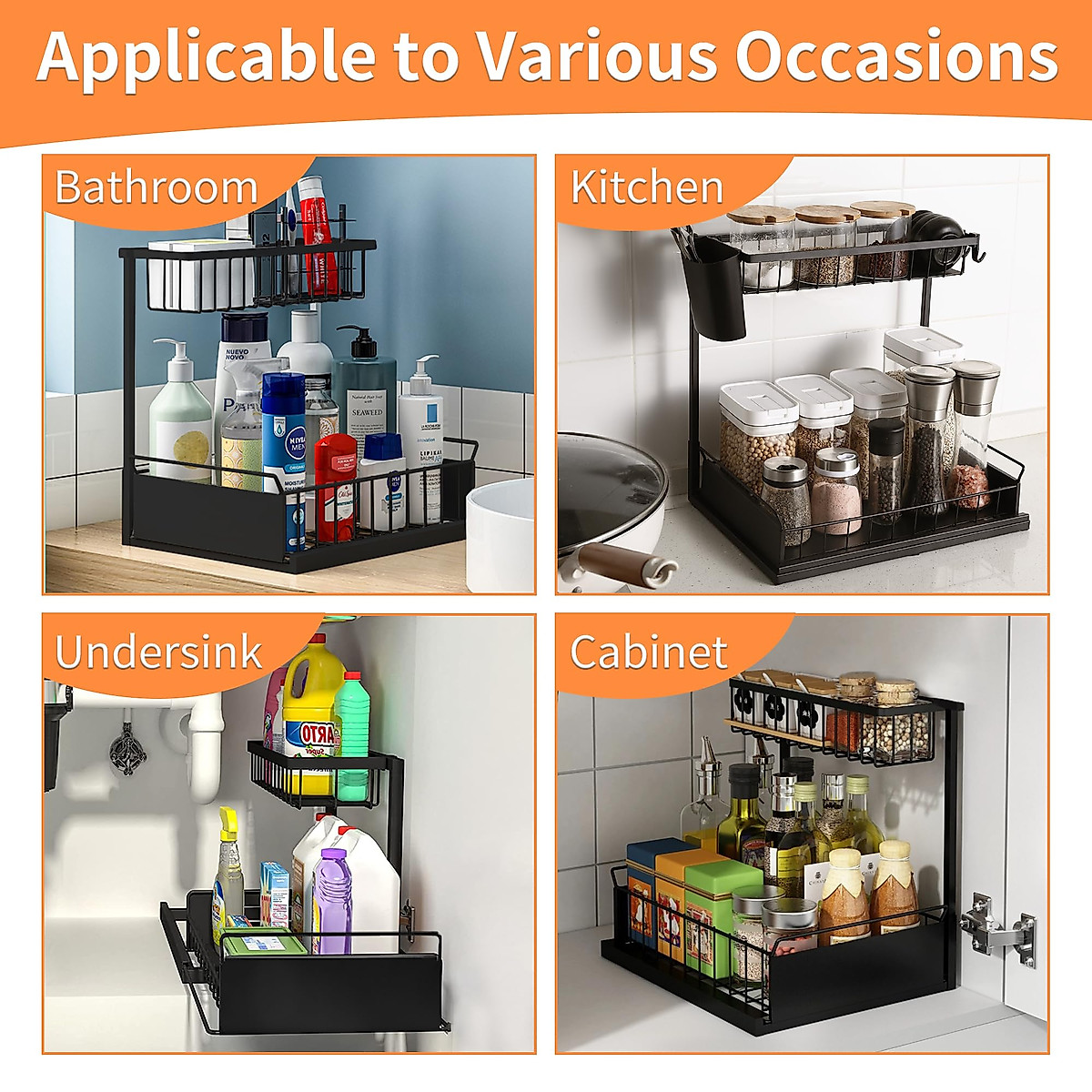 Lonffery Under Sink Organizers and Storage, Under Sink Shelves with Pull out Sliding Drawers, 2 Tier Cabinet Organizer with 4 Hooks and Hanging Cup for Bathroom and Kitchen, Black