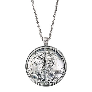 Silver Walking Liberty Half Dollar Coin Silvertone Pendant Necklace