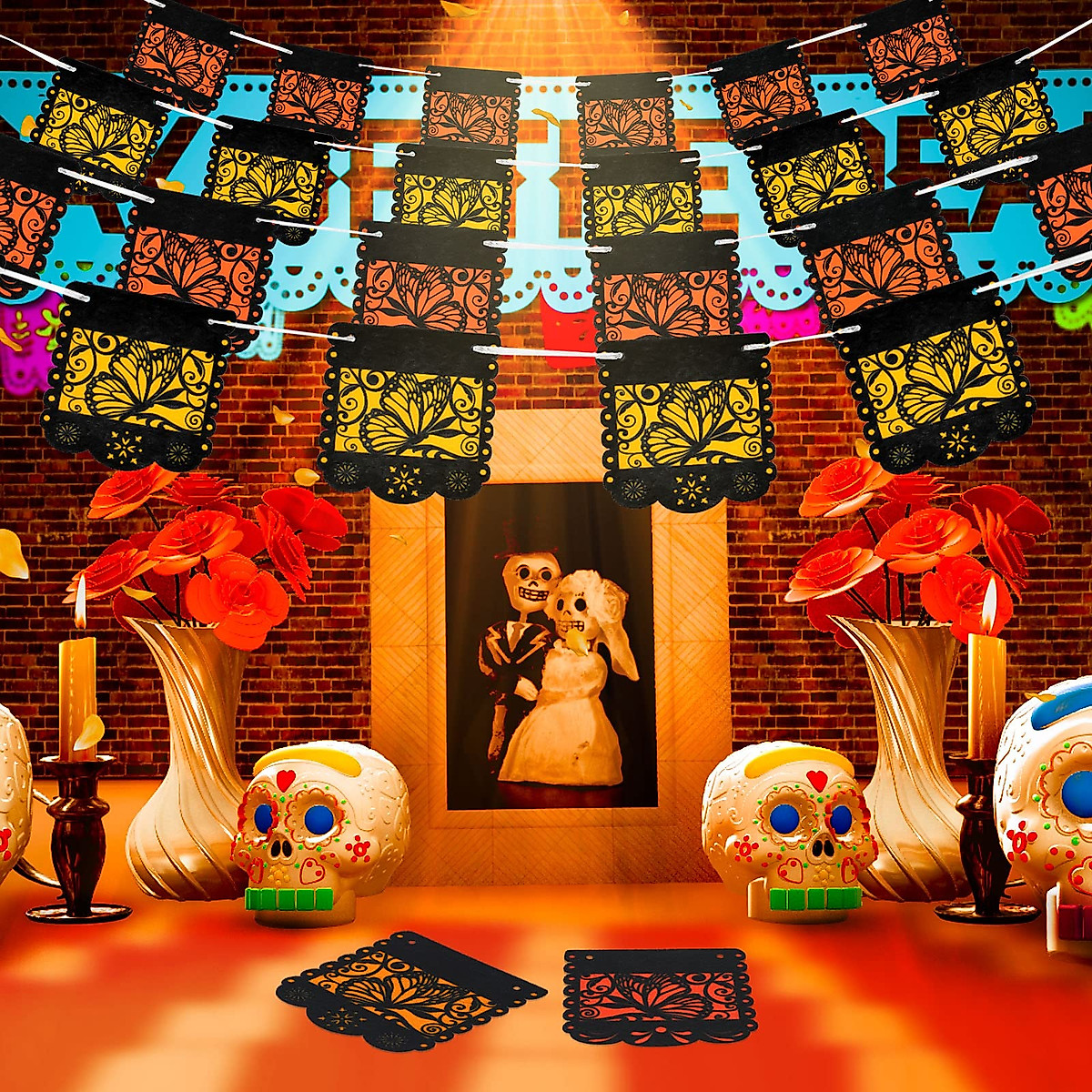 Small Dia De Los Muertos Banner Mexican Monarch Butterfly Banners Fiesta Papel Picado Banners Dia De Los Muertos Day of the Dead Decorations Picado Dia De Muertos for Ofrenda Supplies(2 Pack)