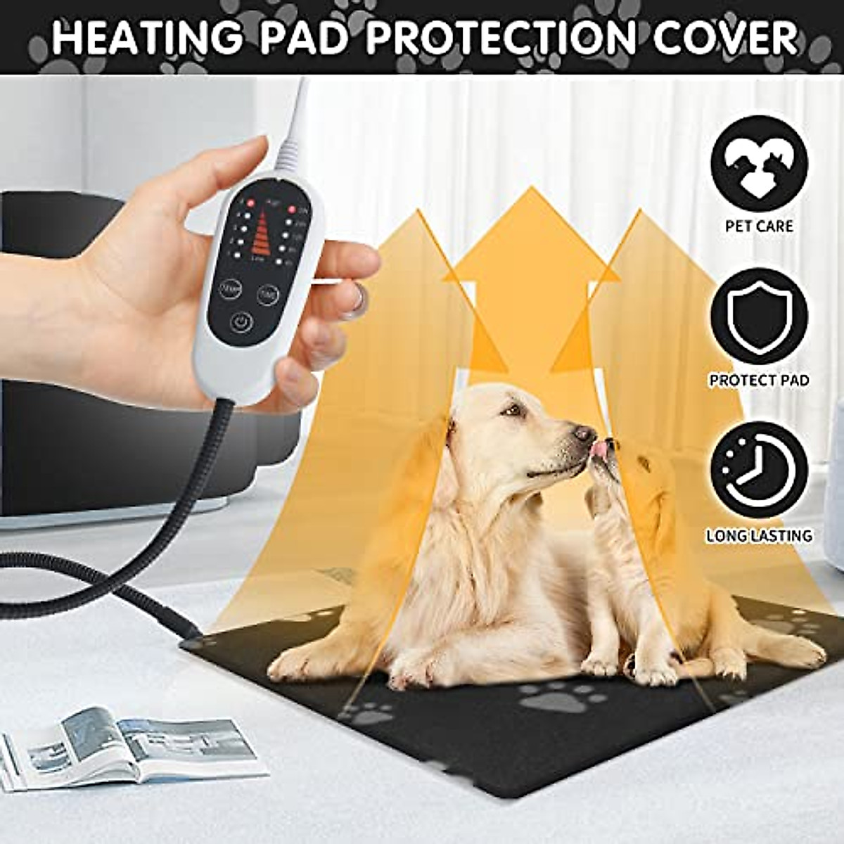 Rest-Eazzzy Pet Heating Pad Cover, Flannel Soft Heating Pet Mat Cover Indoor, Removable Heating Pad Mat Cover with Paw Print for Pet Dog Cat (Black, Two Covers ONLY)