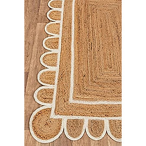 Natural Jute Scalloped Rug Bohemian Rug Decor Rug Handwoven Rug Custom Rug Decorative Rug by Durriesworld (2 x 4 FT Runner Rug), Brown and White
