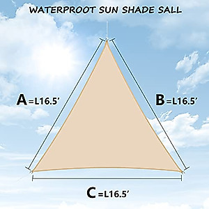 OYE HOYE 16.5' x 16.5' x 16.5' Sun Shade Sail Beige Triangle Patio Canopy, UV Block Waterproof Polyester Canopy for Patio Awning Garden Backyard Playground Lawn Sand Outdoor Activities