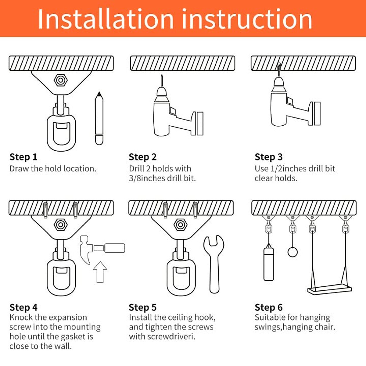 Morzejar 360°Rotating Hammock Hanging Kit - Heavy Duty Hanging Hooks for Swing Hanging Hook kit Stainless Steel 1000 lb Loading Hammock Hooks for Trapeze, Yoga, Boxing Bag, Hammock Chair, Porch