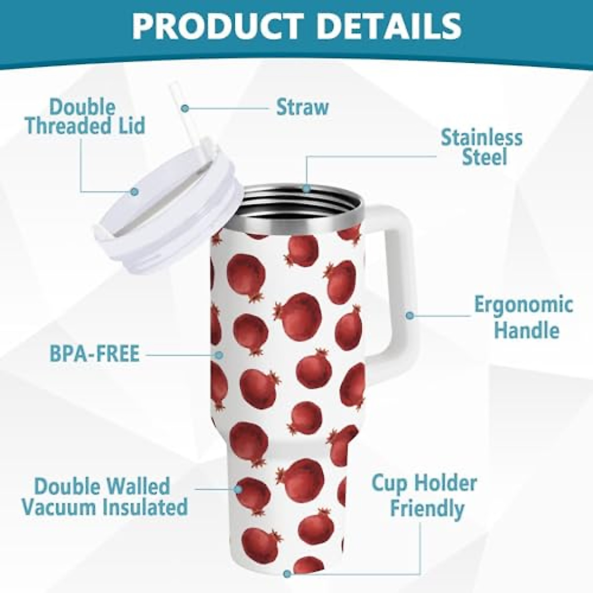 ARGTILDN 40 oz Tumbler Pomegranate Fruit Insulated Travel Mug with Handle and Straw Lid Stainless Steel Vacuum Coffee Cup Tea Beverage Container Water Bottles for Car Sports office