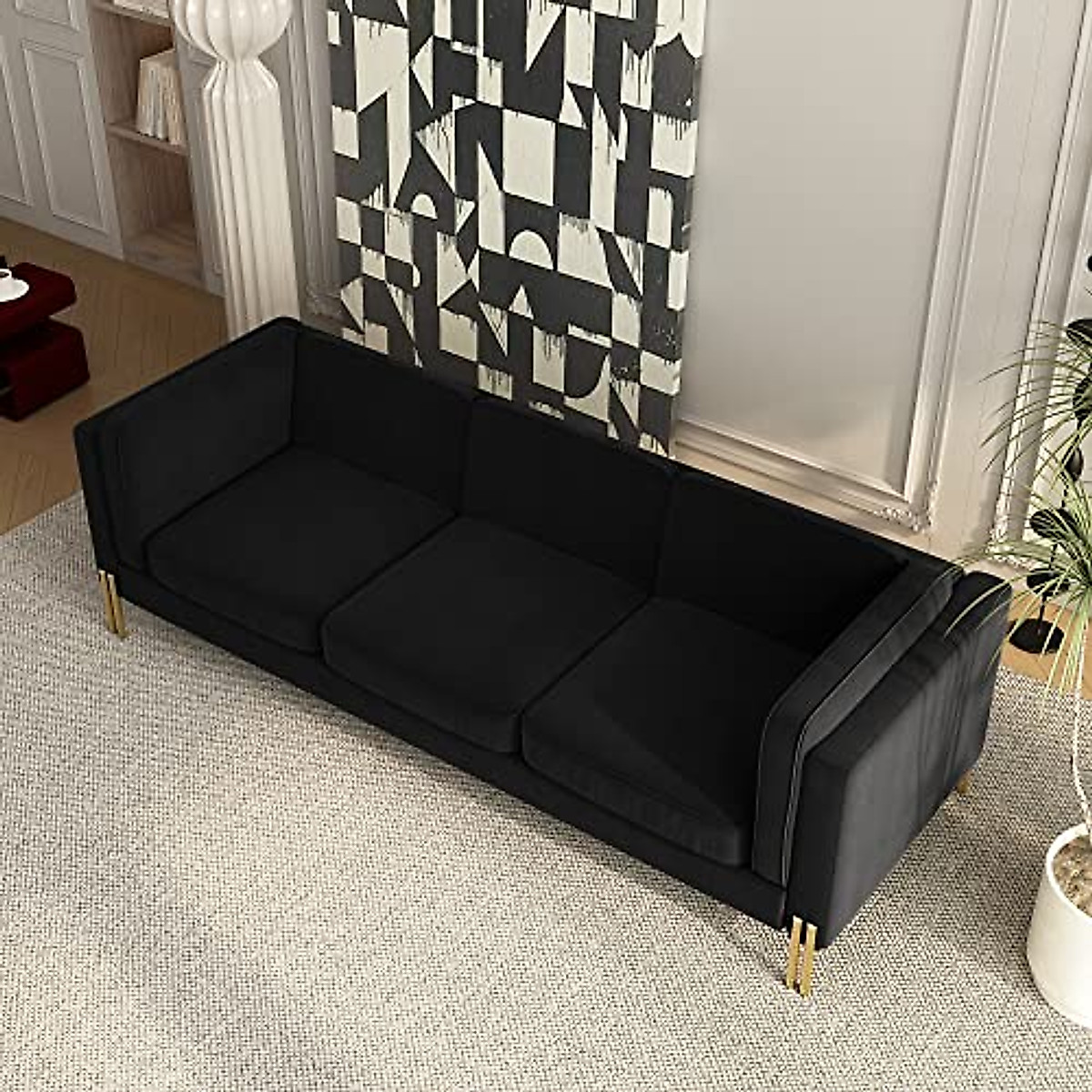 Gooamz Modern Velvet Sofa Couch, 95 Inch Chesterfield Sofa with Removable Cushions and Gold Metal Legs, Large Comfy Tufted Upholstered 3 Seater Couch for Living Room, Office, Hotel, Black