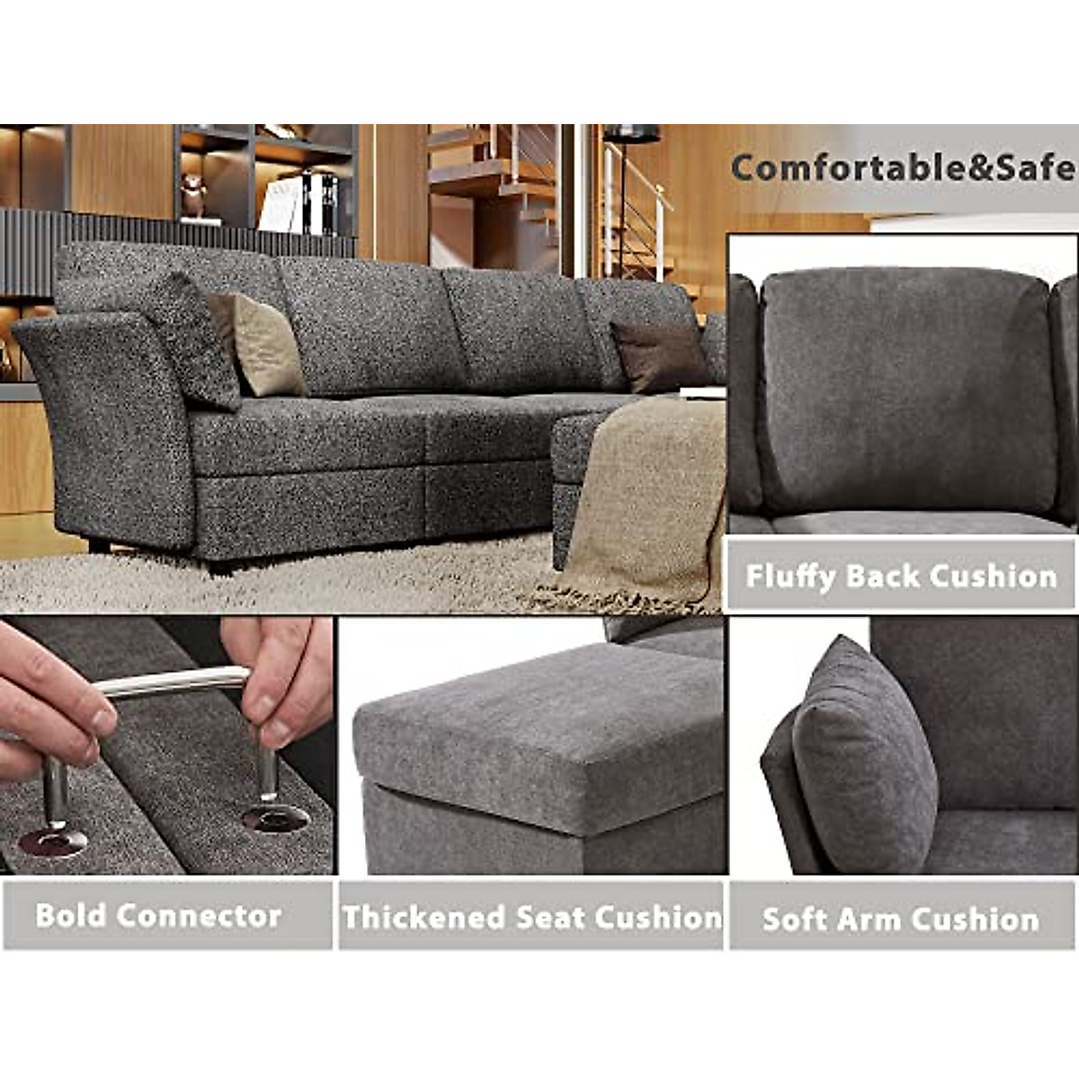 VanAcc Sectional Couch 6 Seats, Modular Sectional Sofa U Shaped sectional with Ottomans, Reversible Sofa Couch for Living Room, Grey Chenille
