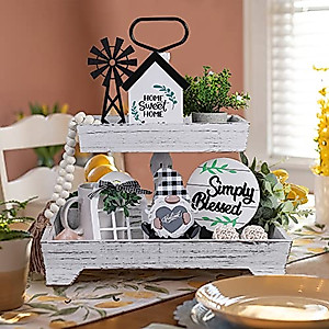 Eufrozy 11pcs Farmhouse Tiered Tray Decor Set, Rustic Tier Tray Decorations with Black and White Buffalo Plaid Gnome Ornaments Wooden Home Sweet Home Sign for Kitchen Table Decor Summer Housewarming