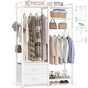 Clothes Rack for Hanging Clothes - Reversible Clothing Rack with 2 Drawers, Heavy Duty Garment Rack with Shelves, 6 Tiers Freestanding Portable Closet Wardrobe System with Hanging Hooks, White