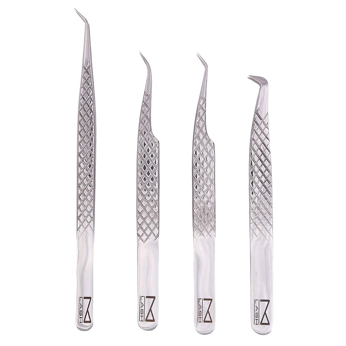 M LASH Tweezers for Eyelash Extensions (Set of 4) - Professional Lash Extension Tweezers - Fiber Tip, Japanese Steel, Diamond Grip Eyelash Extension Tweezer (Silver)