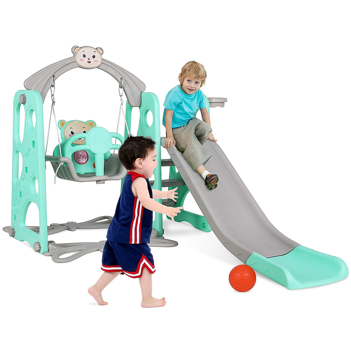 Arlopu Toddler Slide and Swing Set, 4 in 1 Kids Play Climber Slide Playset w/Basketball Hoop Extra Long Slide Extra Ball, Baby Swing for Indoor Outdoor Playground, Easy Set-Up, 3 Years Old (Fiery)
