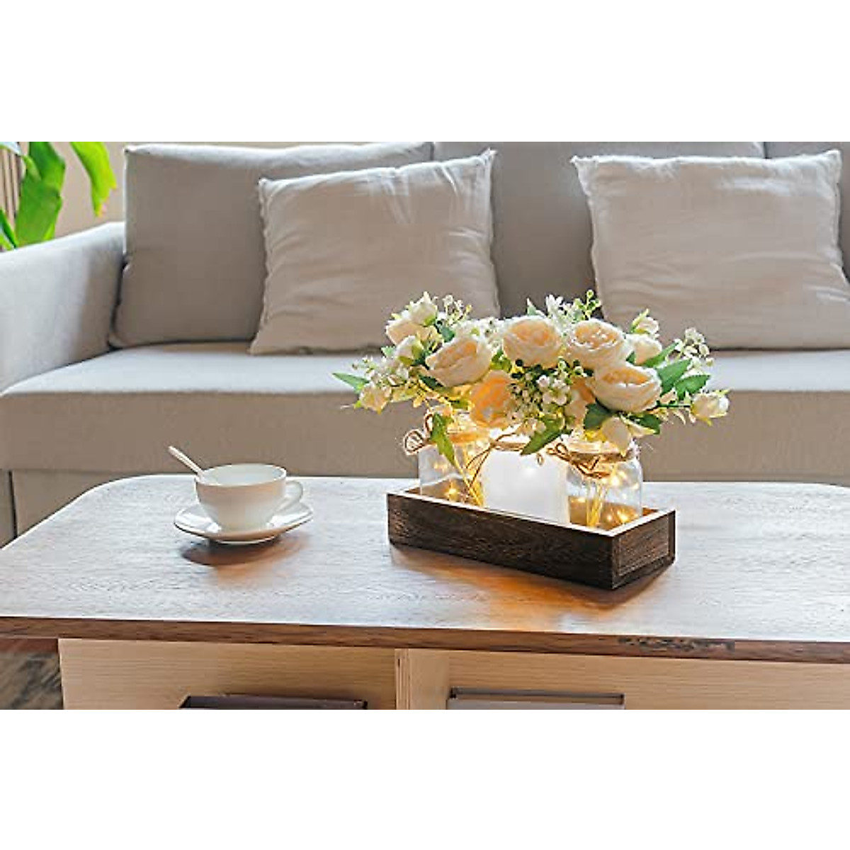 Mkono Mason Jar Lights Centerpiece Table Decorations for Dining Room Farmhouse Coffee Table Decor Wood Tray with 3 Jars Flowers Fall Table Centerpieces Decor for Kitchen Living Dining Room, White