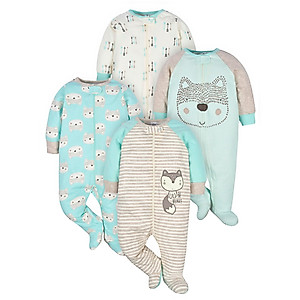 Gerber Baby Boys' 4 Pack Sleep 'N Play Footie, Aqua Fox, Preemie