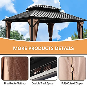 QZEN 10' x 12' Hardtop Gazebo with Netting and Curtains, Double Roof Permanent Metal Gazebo, Aluminum Frame Patio Gazebo for Backyard, Garden, Lawn and Deck