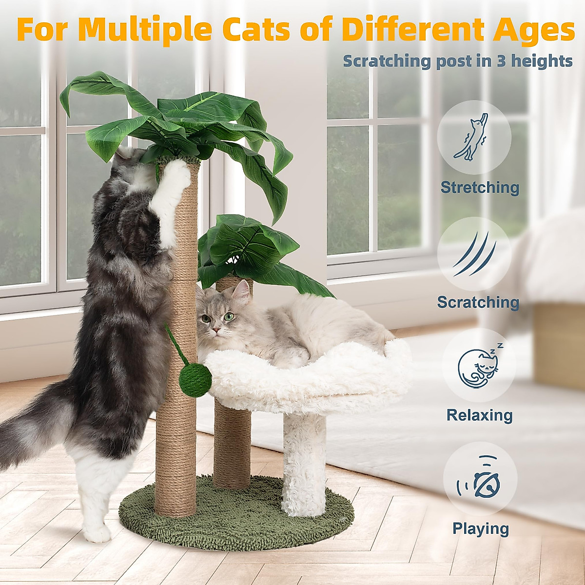 Cat Scratching Post Palm Tree with Bed Cloud Cute Cat Tree for Indoor Large Cats 3 Scratching Poles Sisal Hanging Balls for Cat Perch Cat Scratcher for Kitten and Adult Cats Tower Climber