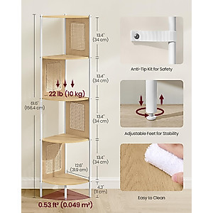 VASAGLE 5-Tier Corner Shelf Stand, Boho Corner Bookshelf with Polyrattan Sides, Plant Stand for Living Room Bedroom Study Kitchen, Oak Beige ULLS588Y57