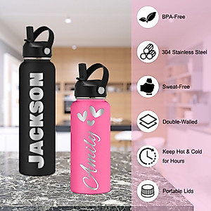kioskbanks Personalized Water Bottles with Straw 24oz Custom Engraved Water Bottle for School Customized Name Double Wall Insulated-Pink