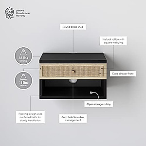 Nathan James Jackson Modern Floating Bedside Nightstand with Drawer, 1, Black/Rattan