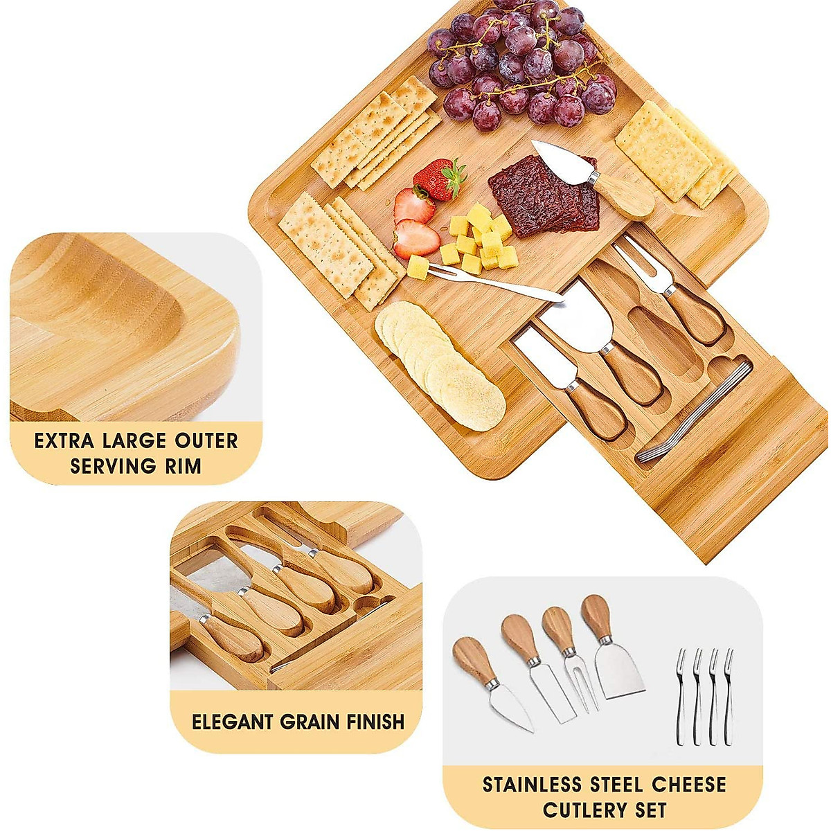 Utoplike Cheese Board Set, Bamboo Charcuterie Boards Server, Large Chacutery Platter Serving Tray with 4 Stainless Steel Knife Folks in Drawer, Perfect for Birthday, Housewarming
