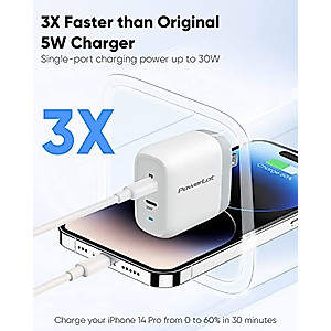 PowerLot USB C Wall Charge PD3.0 2-Port 40W Power Brick GaN Charger, 20W USB C Block for iPhone 14/14 Pro/14 Pro Max/14 Plus, iPhone 13/13 Pro, iPhone 12/12 Pro, MacBook Air, iPad Pro, iPad Air