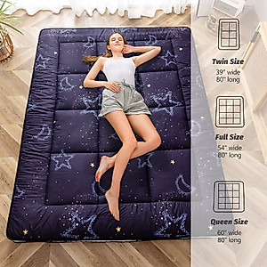 MAXYOYO Black Moon and Star Futon Mattress, Japanese Floor Mattress Quilted Bed Mattress Topper, Extra Thick Folding Sleeping Pad Breathable Floor Lounger Guest Bed for Camping Couch, Twin