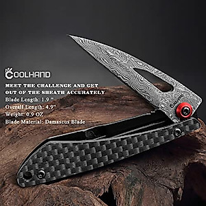 Cool Hand 3'' Super Light Folding Pocket Knife, Liner Lock, 2'' Damascus Blade with Carbon Fiber Scale
