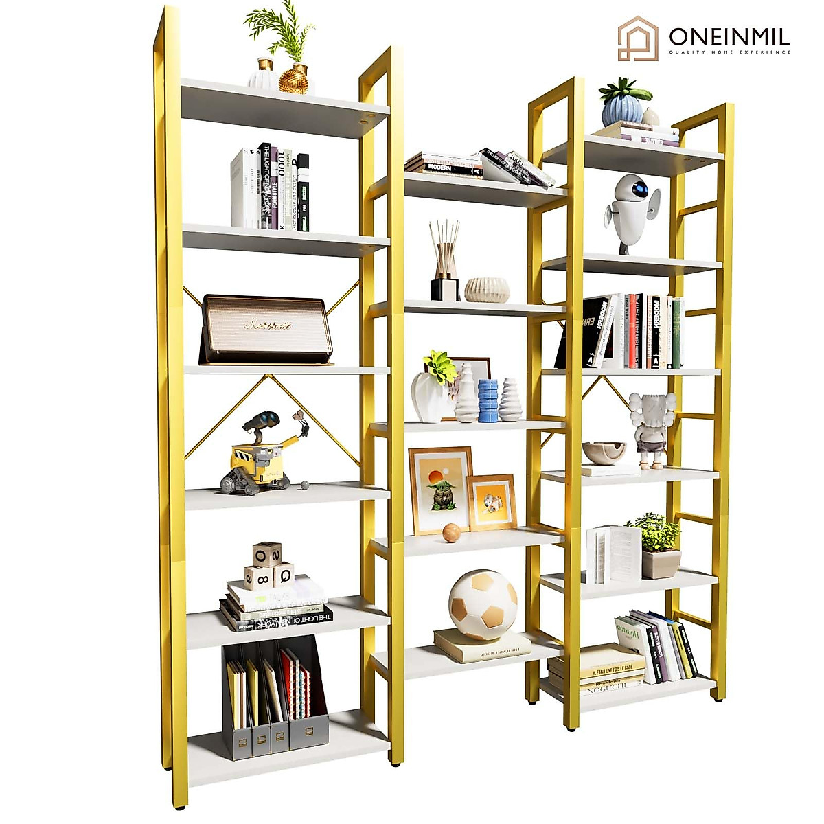 oneinmil Triple Wide 6-Shelf Bookcase Industrial Vintage Wood Style Large Open Bookshelves for Home&Office, Rustic Brown (6 Tier, White/Gold)