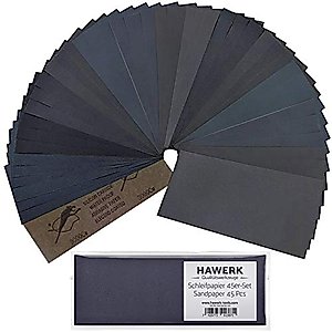 HAWERK Professional Sandpaper 45Pcs. Kit - 80-3000 Grit - Tear Resistant Sand Paper Sheets for Wood, Plastic, Metal and All Types of Surfaces