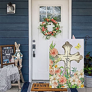 CROWNED BEAUTY Easter Garden Flag Religious Cross Floral 12x18 Inch Double Sided for Outside Christian Burlap Small Blessed Yard Holiday Decoration CF714-12