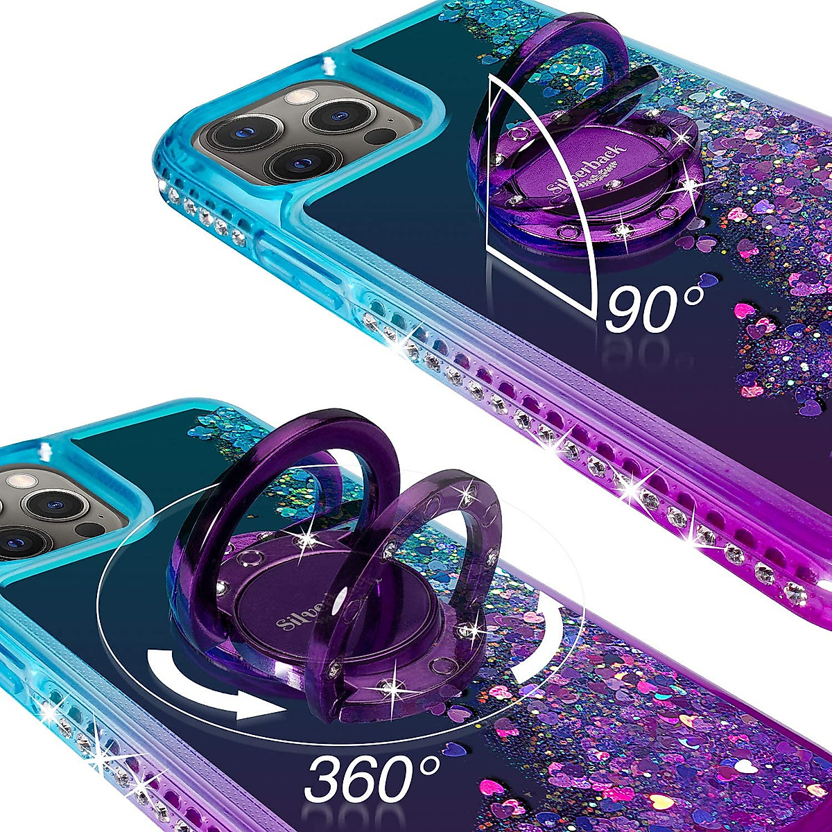 Silverback for iPhone 12 Pro Max Case, Moving Liquid Holographic Glitter Case with Kickstand, Girls Women Bling Diamond Ring Protective Case for Apple iPhone 12 Pro Max 6.7", Purple