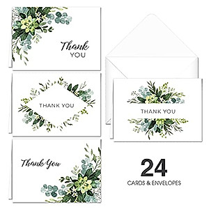 Lush Greenery Thank You Notes / 24 Cards And Envelopes / 4 Green Floral Designs / 4 7/8" x 3 1/2" Thanks Cards/Made In The USA