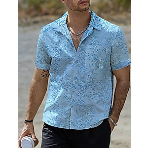 VATPAVE Mens Hawaiian Floral Jacquard Shirt - Casual Button Down Short Sleeve Summer Shirt With Pocket - X-Large Light Blue Silk