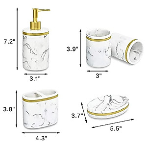 5-Piece Bathroom Counter Top Accessory Set - Dispenser for Liquid Soap or Lotion, Soap Dish, 2 Tumblers and Toothbrush Holder, Marble Pattern Resin (Classic White)