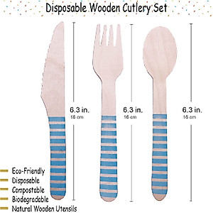 Blue Striped Birthday Party Supplies, Baby Shower Dinnerware Set, Paper Plates, Napkins, Cups and Wooden Cutlery (Serves 24, 192 Pieces), MP03