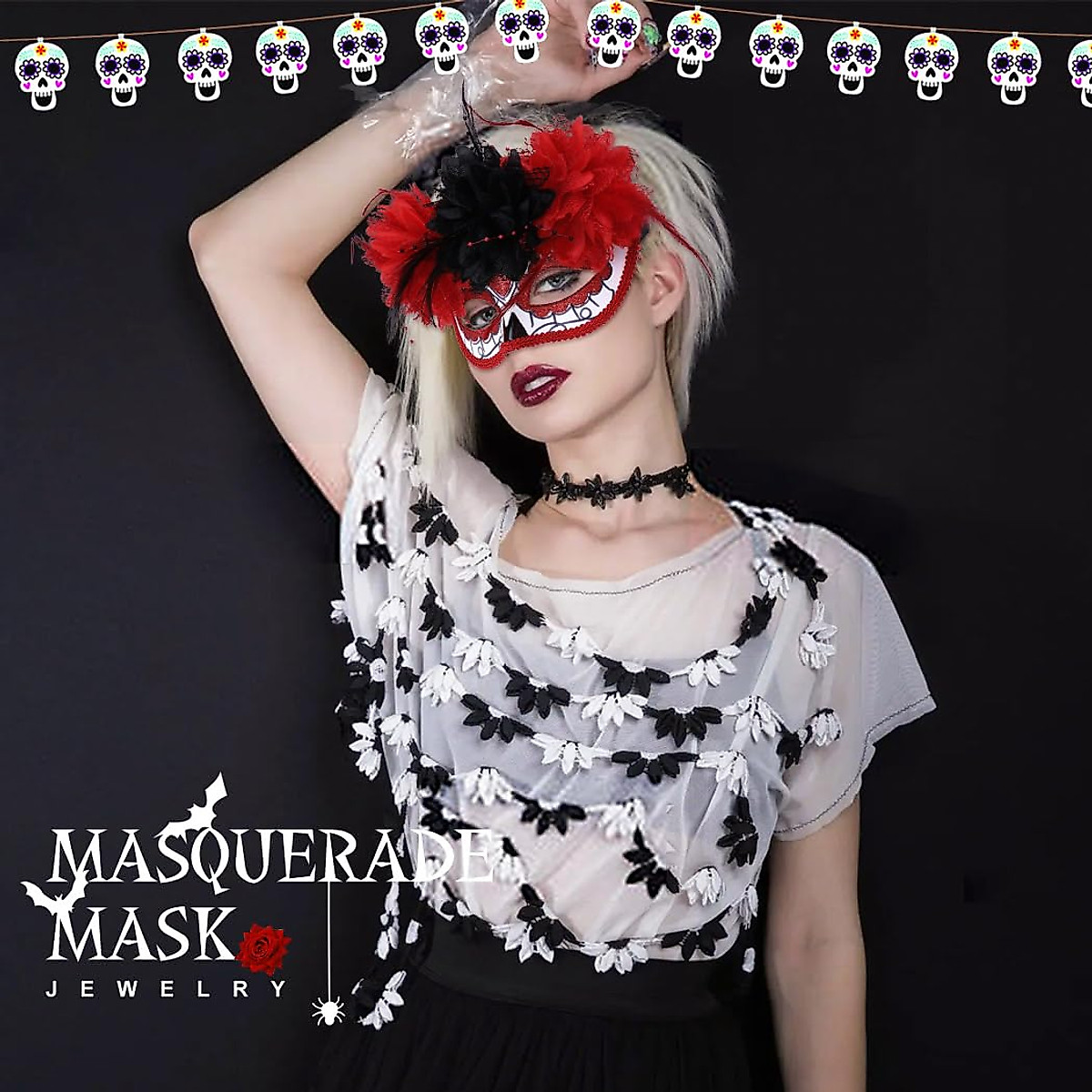 BODIY Women Red Flower Halloween Masquerade Mask Skull Day of the Dead Masks Feather Costume Eyemask Cosplay Rave Half Mask
