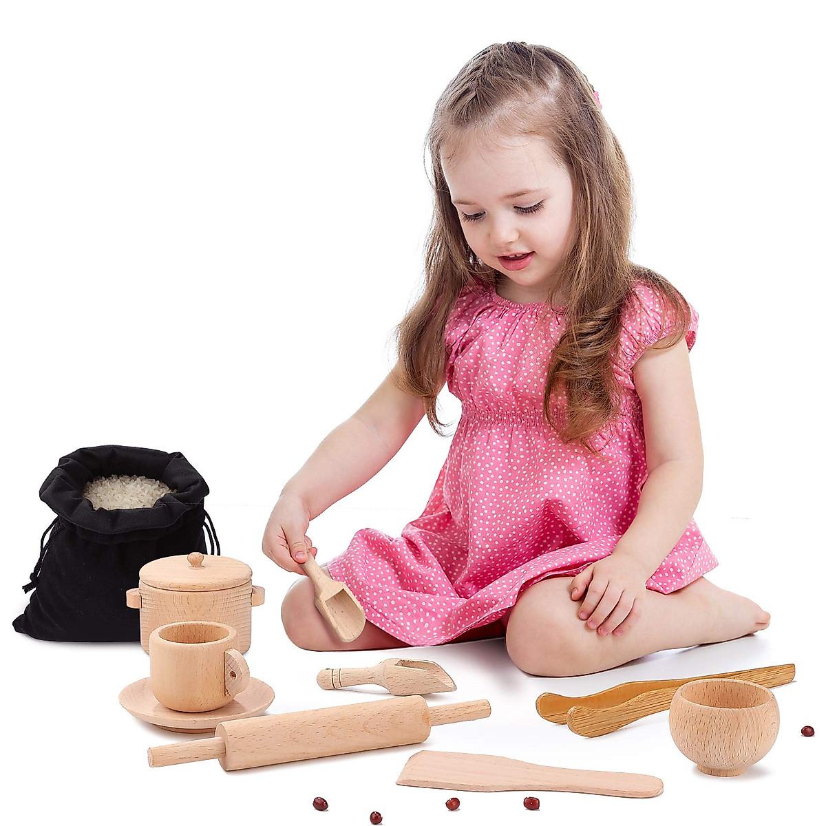 9 Pieces Sensory Bin Tools Montessori Toys Dish Toys Mini Wooden Scoops and Wooden Tongs for Fine Motor Learning