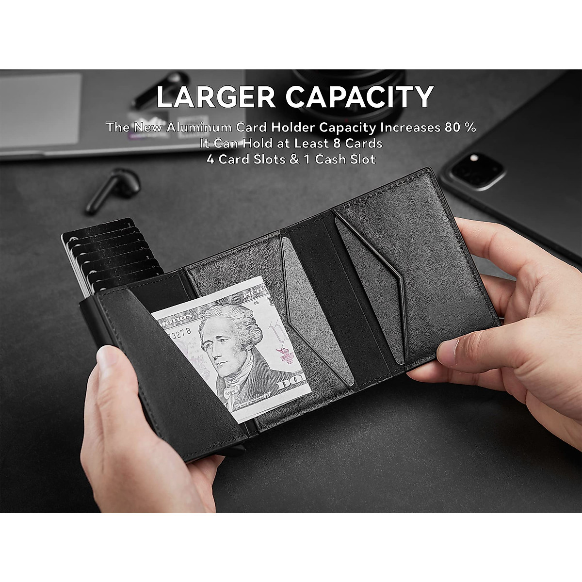 BIAVOI Mens Wallet Card Holder Pop Up Aluminum Card Case for Men RFID Protection Credit Card Holder Up to 13 Cards (Black)