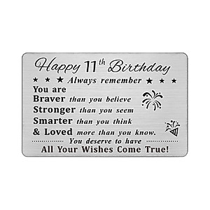 DEGASKEN Happy 11th Birthday Card, 11 Year Old Birthday Gifts for Boys Girls Teens, Permanent Engravend Steel Wallet Card