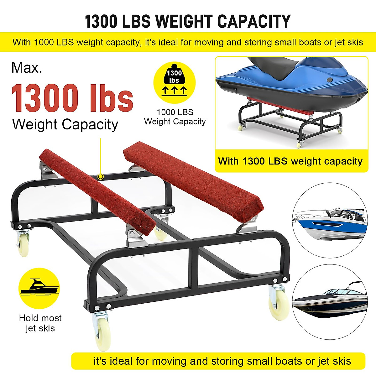Watercraft PWC Dolly,Jet ski Dolly tolerable 1300 LBS Capacity Boat Storage Trailer Adjustable Width with Four Casters & Two Brakes,Heavy Duty Boat standsfor Dinghy, Sailboat