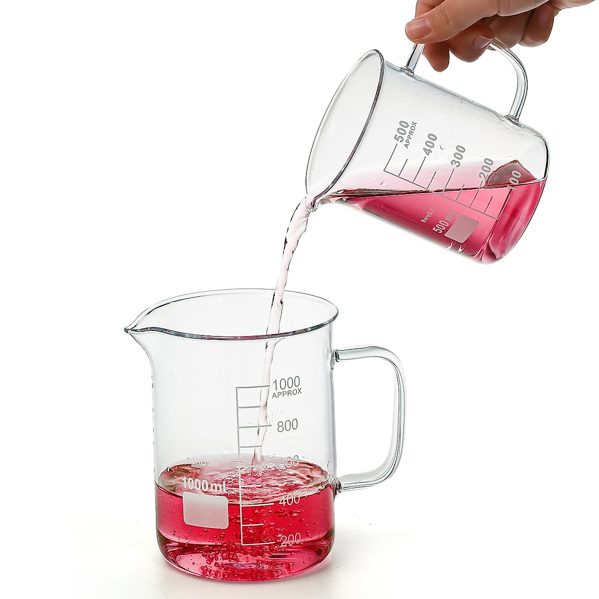 Yarlung Set of 2 Glass Beaker with Handle, Graduated Measuring Beakers Thick Boro 3.3, Griffin Low Form 500/1000ml