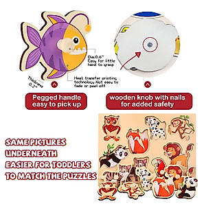 Wooden Peg Puzzles for Toddlers, 4 Pack Toddler Puzzles Set with Wooden Knobs, Preschool Learning Educational Animals Shapes Insects Pegged Puzzle Toys for 2 3 Year Old (Style 1)