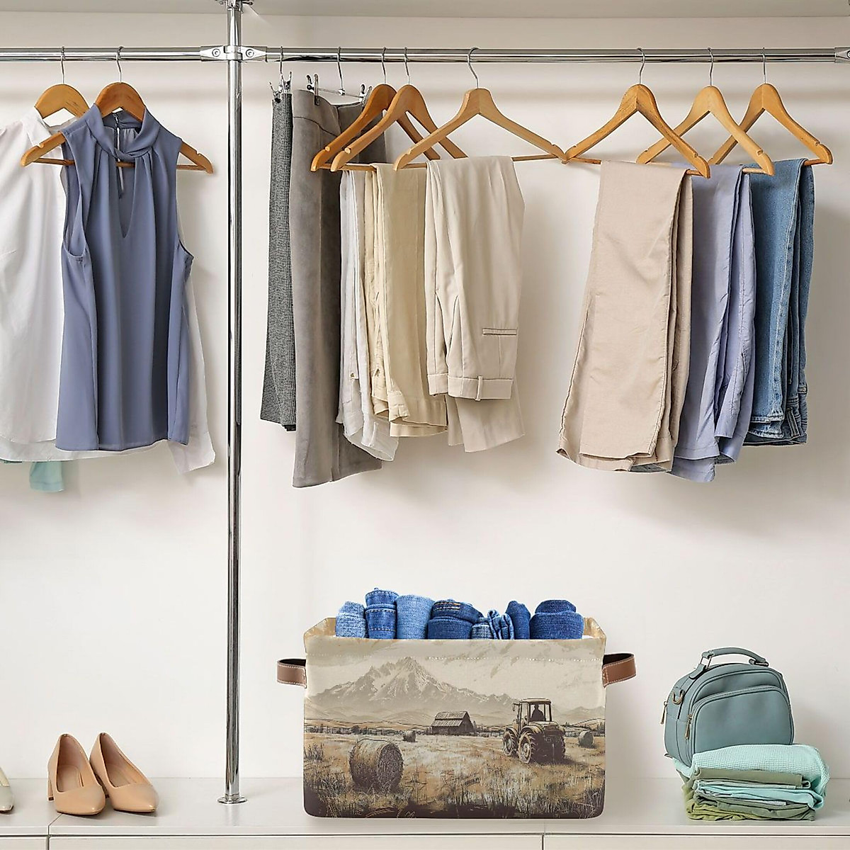 Qilmy Farmer Driving A Tractor Storage Basket with Handles for Organizing, Collapsible Canvas Shelves Storage Bins for Home Closet Bedroom Living Room