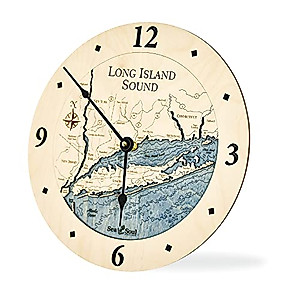 Sea & Soul Long Island Sound 3-D Nautical Wood Chart 12" Wall Clock, Handcrafted in The USA, Topographic Water Map Clock, Carved Lake Art Wall Clock, Coastal Décor (Deep Blue)